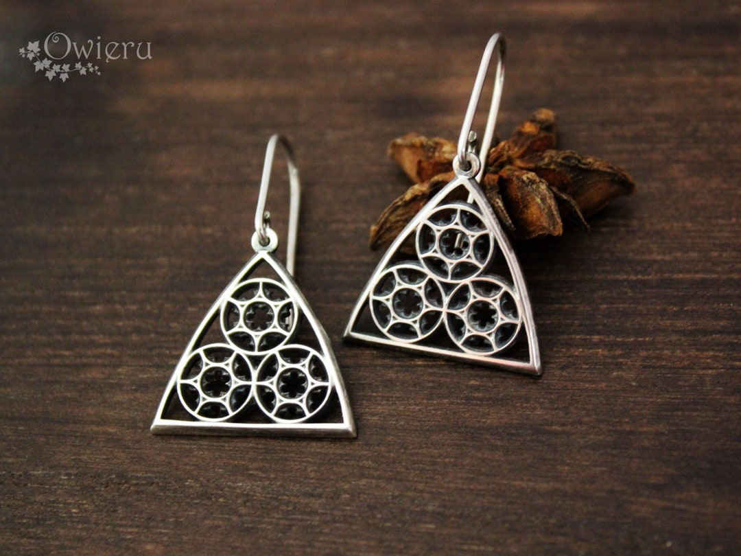 Medieval Cathedral Rose Window Triangle Earrings, Sterling Silver 925 ...