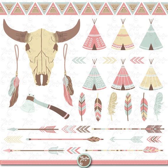 Tribal clipart pack: "INDIAN CLIP ART", teepee tents, skull, buffalo ...