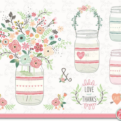 Pink and Mint Mason Jar Wedding Clipart. Scrapbook Clip Art - Etsy