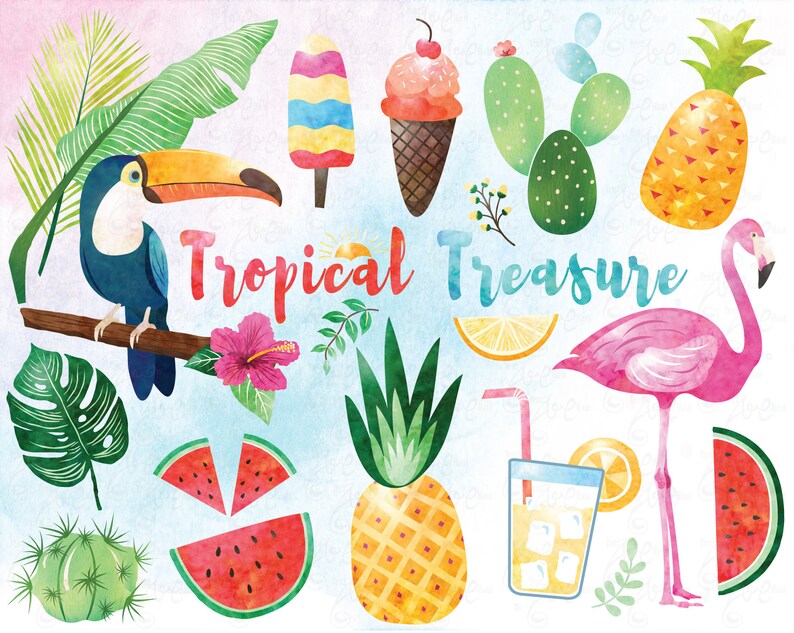 Watercolor Tropical Clipart Summer Watercolor Flamingo - Etsy