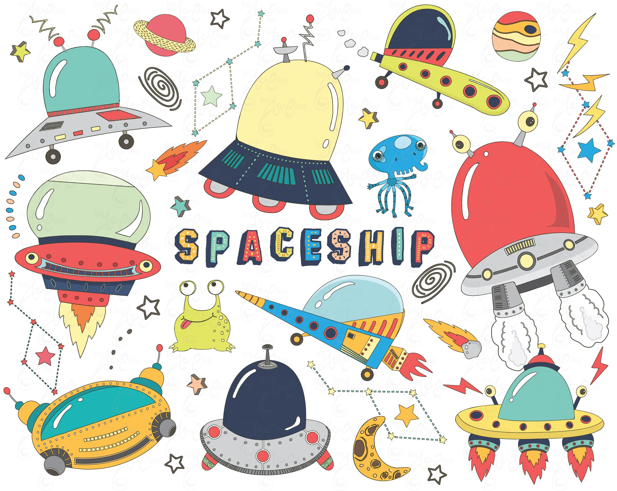 Spaceship Doodles Set Alien Spaceship Clipart Cosmos Outer | Etsy