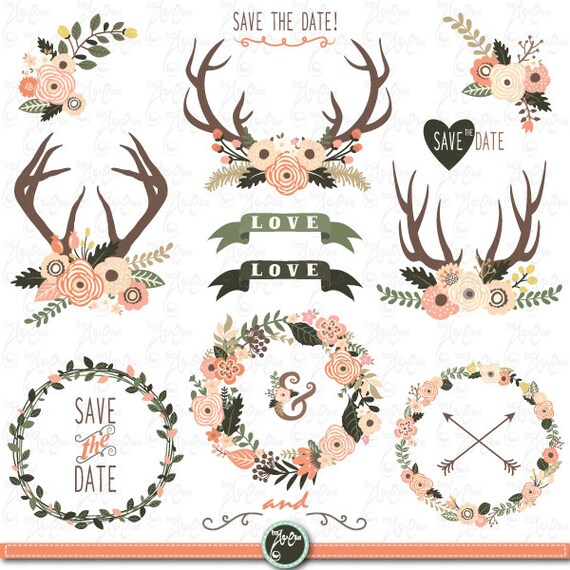 Wedding clip art"FLORAL ANTLERS WREATH"Clipart,Rustic Wedding,Wedding ...