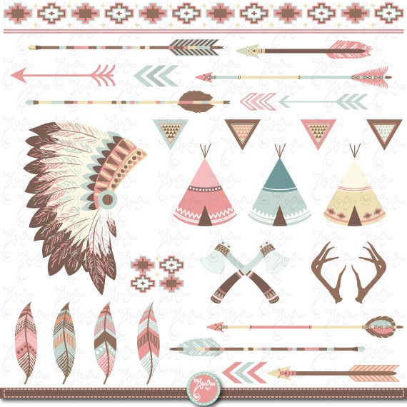 Tribal Clipart pack "INDIAN CLIP ART",teepee tents, feather headdress ...