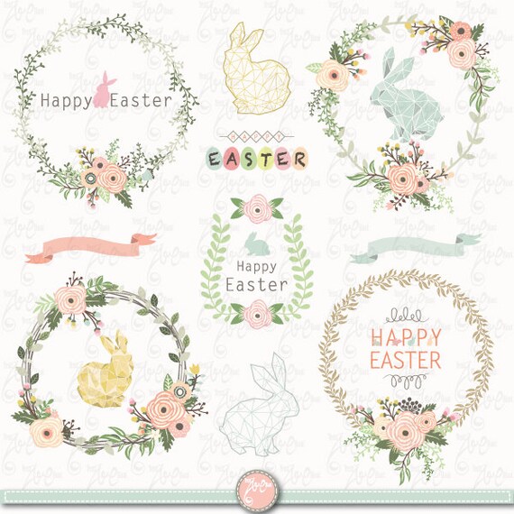 Easter clip art "EASTER BUNNY WREATH", Easter bunny, vintage flowers ...