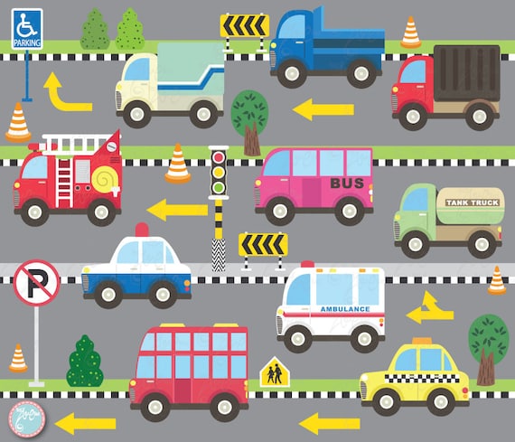 Vehicles clip art "CUTE TRANSPORTATION CITY"Set, Police car, Ambulance ...