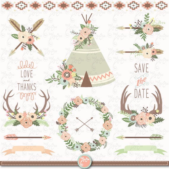 Floral Tribal clip art: "FLORAL TEEPEE" clipart, floral antlers ...