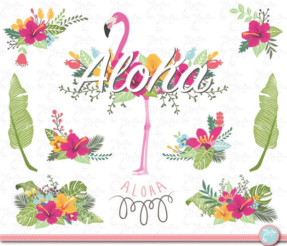 Tropicana Summer Clip Art "FLORAL FLAMINGO" set, flower, hibiscus ...