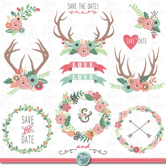 Wedding clip art: "WEDDING FLOWER WREATH" clipart, floral antlers ...
