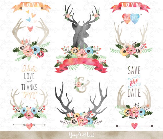 Watercolor Wedding clip art, Digital Watercolor, Floral Antlers, Deer ...