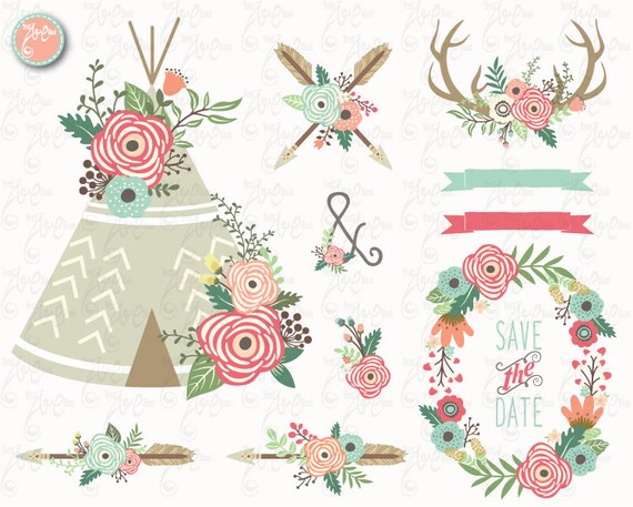 Floral Tribal clip art "FLORAL TEEPEE"Clipart, Floral, Teepee, Antlers ...