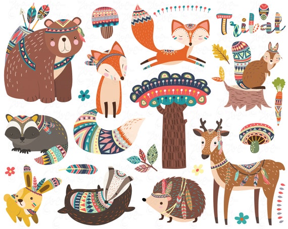 Woodland Tribal Animals Clip Art, Tribal Animals, Feathers, Bear, Fox ...