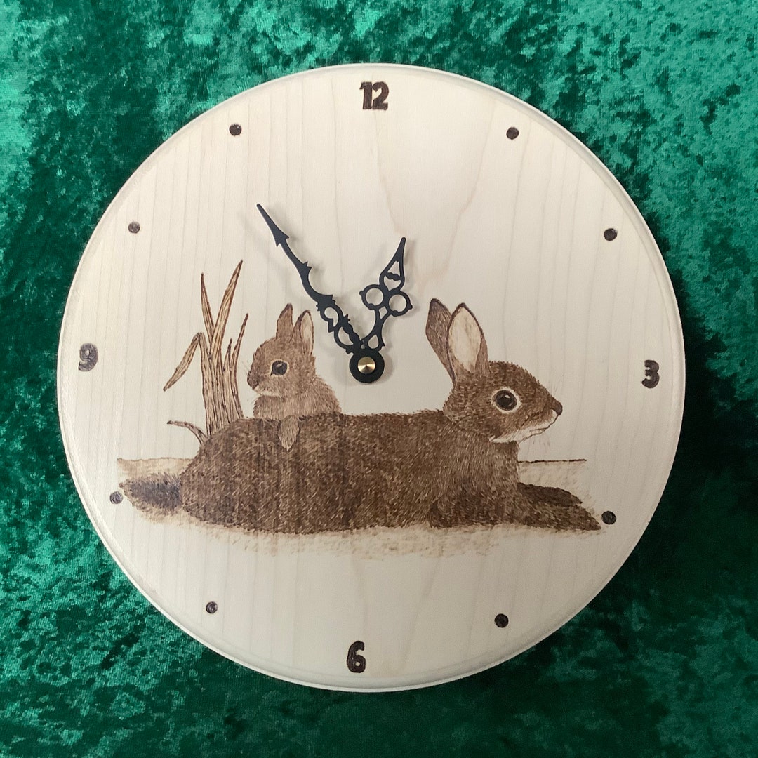 Personalised Sycamore Clock With Pyrography Design of Rabbits or Mouse ...