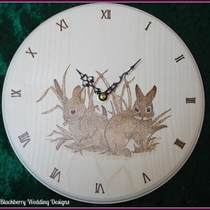 Personalised Sycamore Clock With Pyrography Design of Rabbits or Mouse ...