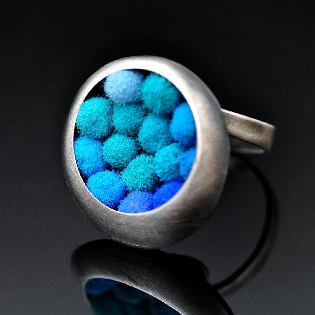 Silver Satin Matte Ring Colorful, Modern Teal Ring Architectural ...