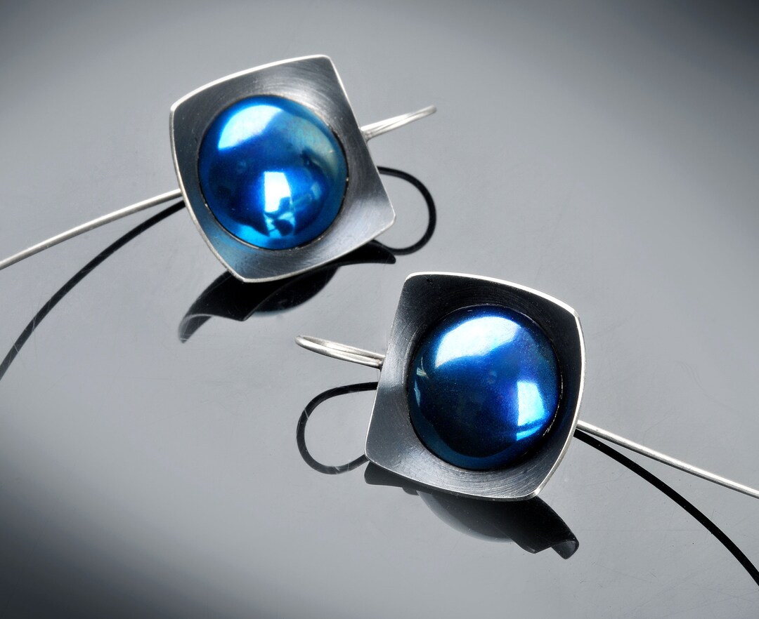 Sterling Silver Dangle Earrings, Blue Titanium Earrings, Mixed Metal ...