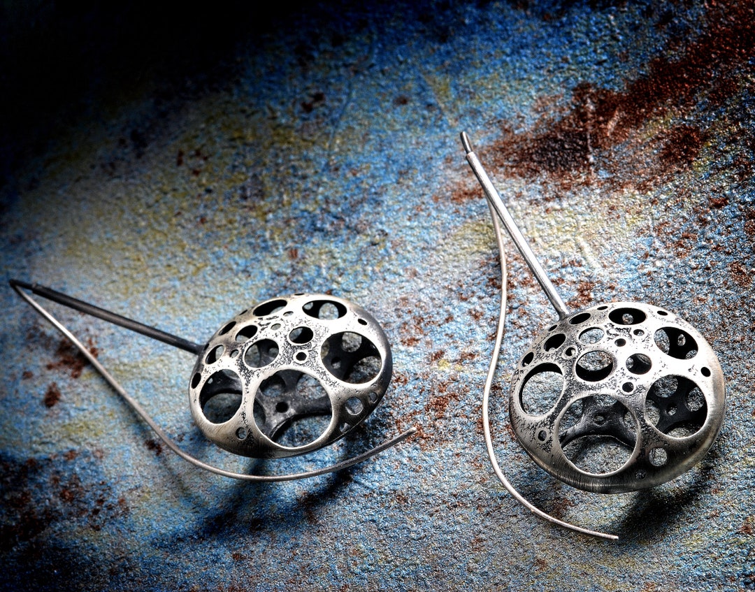 Raw Silver Earrings, Contemporary Earrings, Galaxy Earrings, Full Moon ...