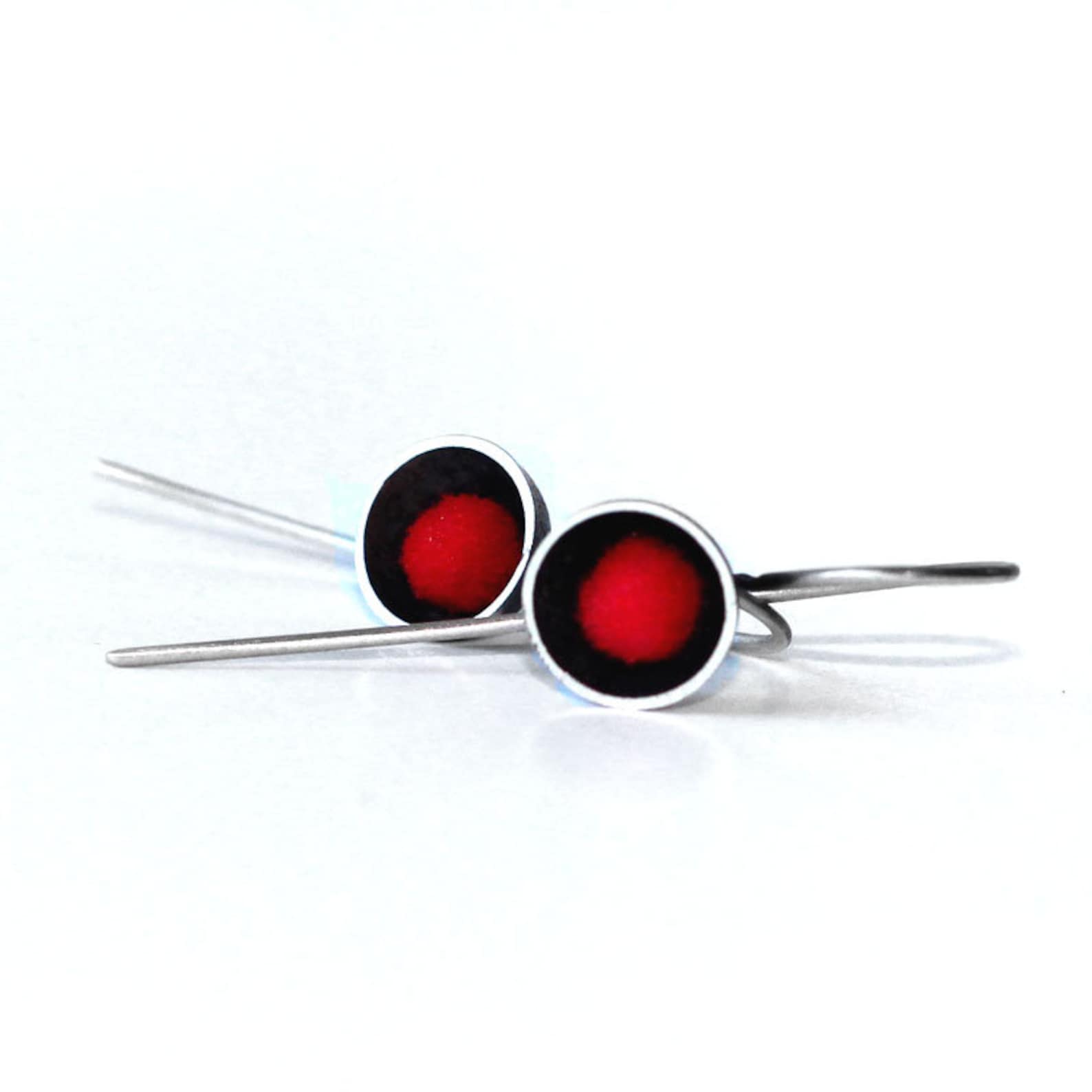 Sterling Silver Dangle Red Round Earrings for Minimalist Women, Tiny ...