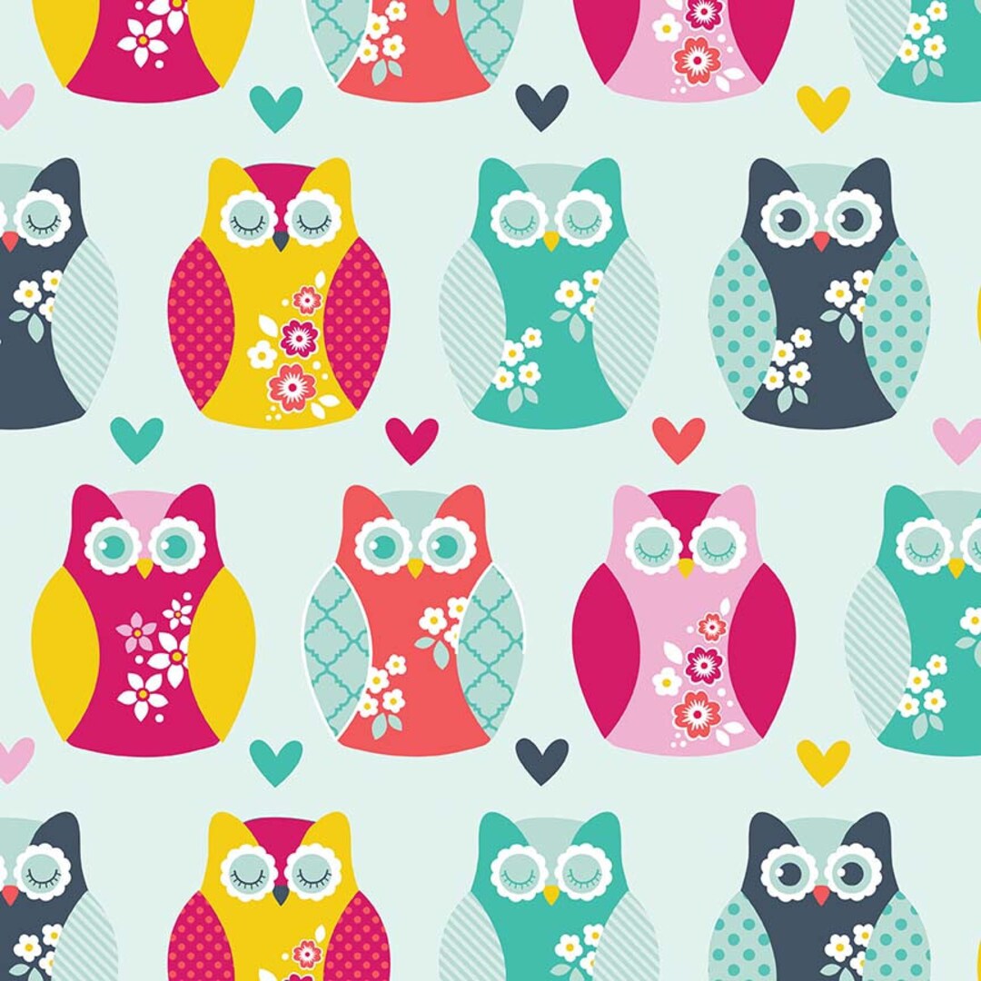 Flannel Owl Print Fabric, Riley Blake Designs Aqua Owls and Hearts ...