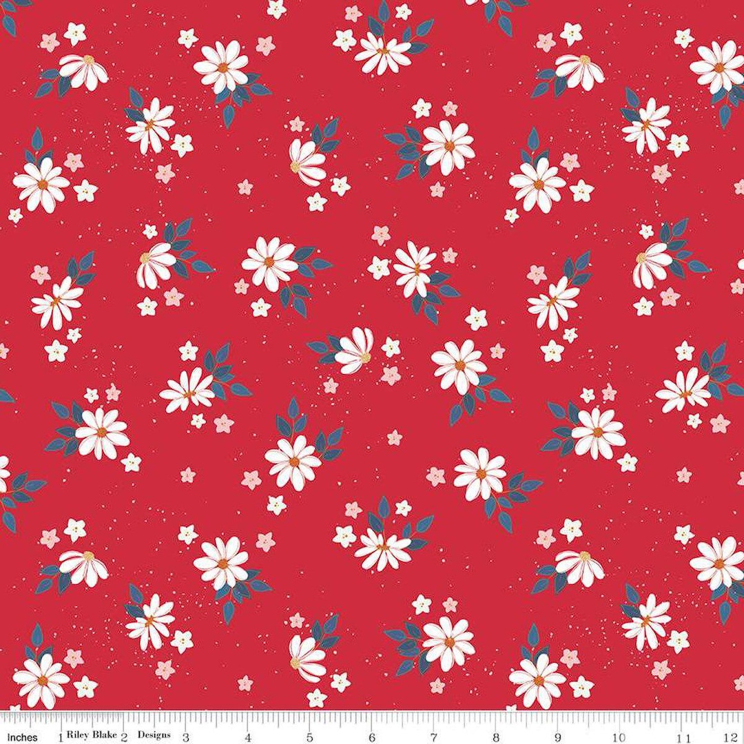 Red Floral Fabric, Summer Flowers Patriotic Fabric, Riley Blake Designs ...