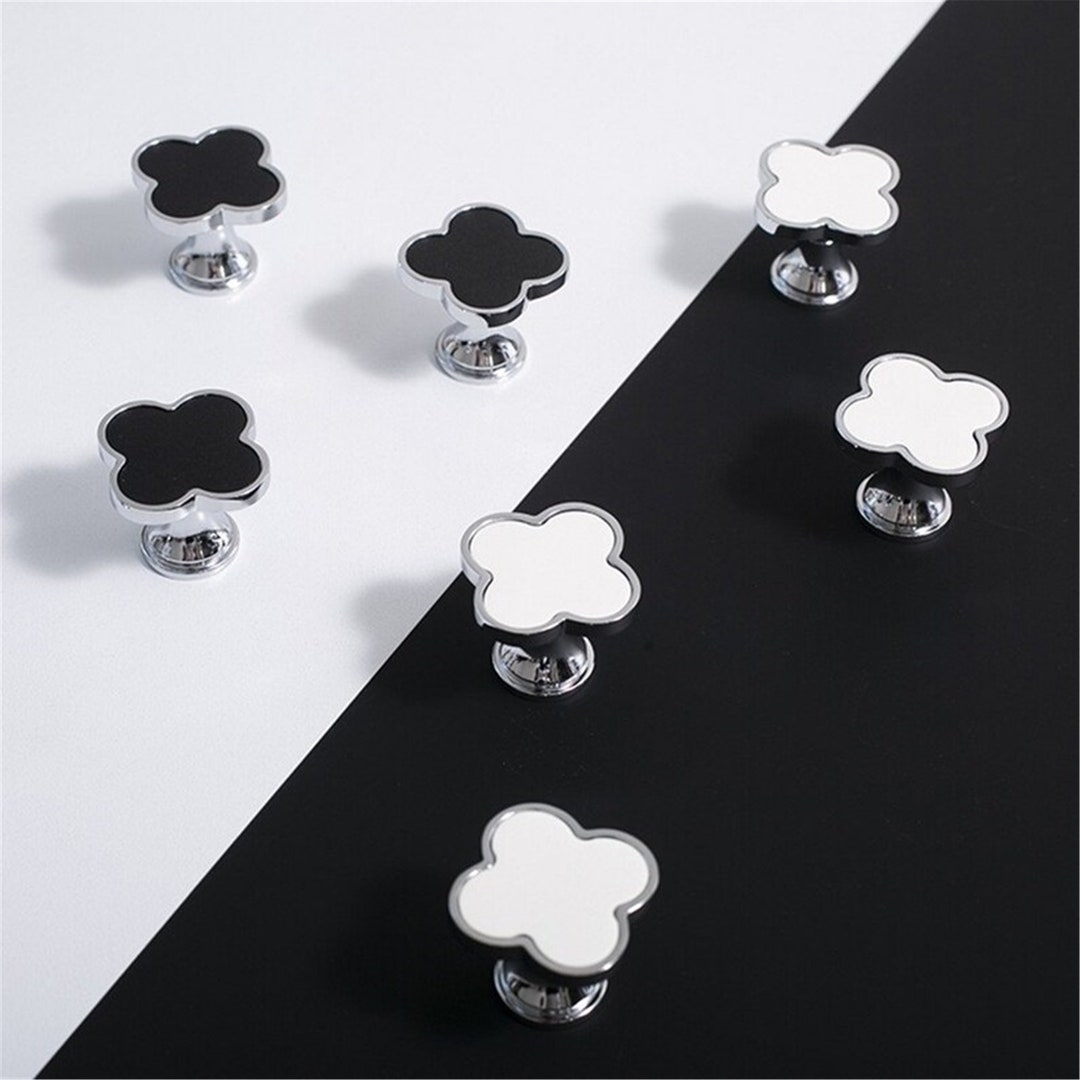 Chrome Black Leather Clover Drawer Pull Knobs Wardrobe Pull Dresser ...