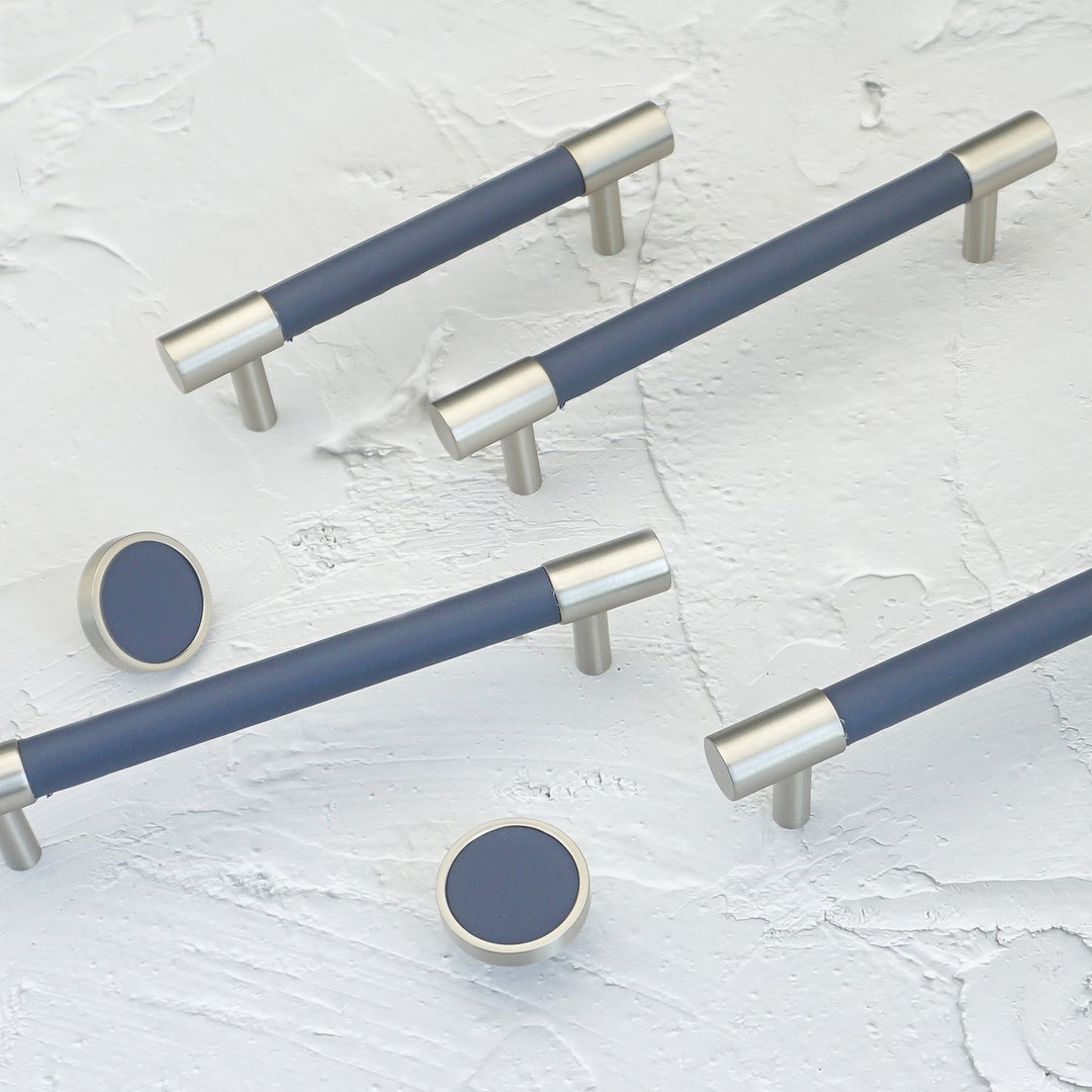 Dark Blue Leather Cabinet Handles Brushed Nickel Drawer Pull Knob ...