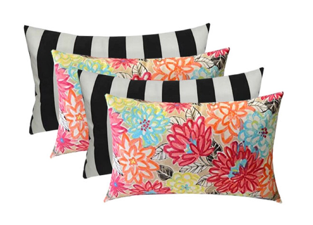 Set of 4 Lumbar Rectangle Pillows Artistic Floral & Black/white Stripe ...