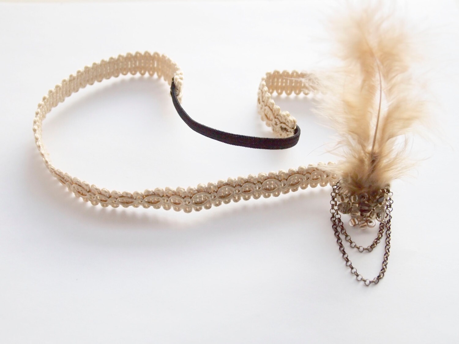 Gold Beaded Brooch, Feather and Chains, Beaded Cameo Feather ...