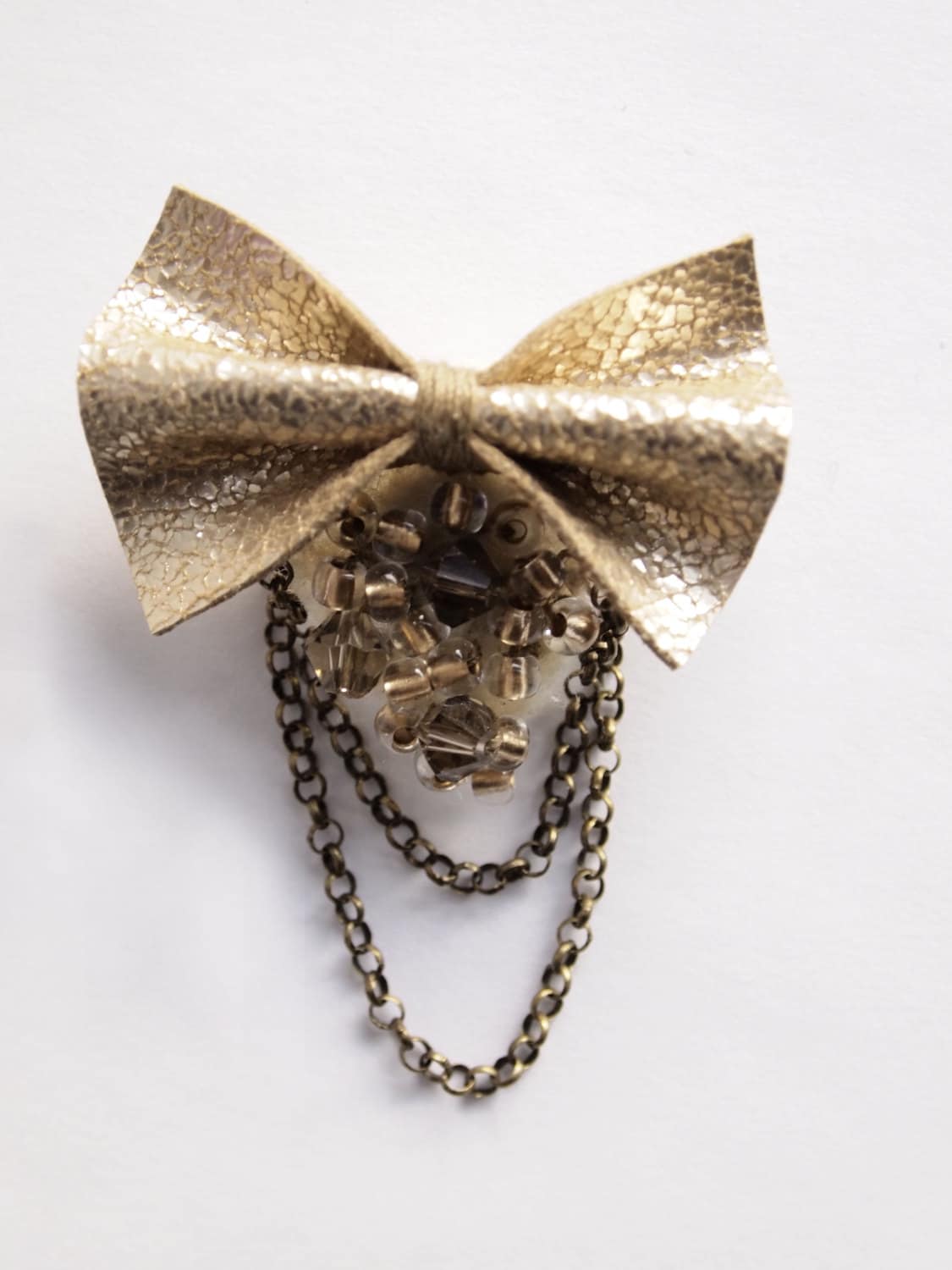 Gold Beaded Brooch, Leather Bow and Chains, Beaded Cameo Bow ...