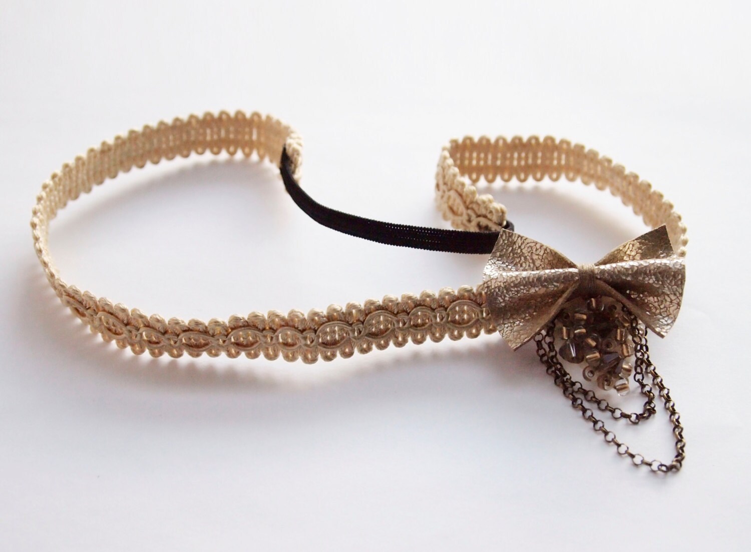 Gold Beaded Brooch, Leather Bow and Chains, Beaded Cameo Bow ...