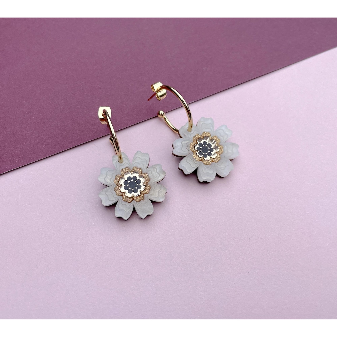 PRE-ORDER - Agnes Daisy Floral Hoop Earrings | Gold Pearl Colourway | Laser Cut Flower Acrylic ...