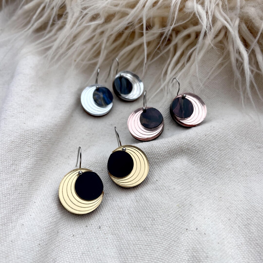 PRE-ORDER: Crescent Moon Disc Drop Earrings | Gold, Silver or Rose ...