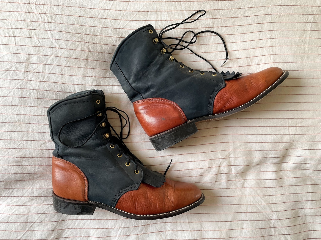 Vintage Two Tone Black and Tan Leather Lace up Roper Cowgirl - Etsy