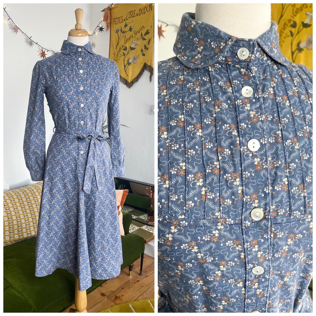 Vintage 1970s Rare Laura Ashley Blue Cotton Shirt Dress - UK 8 (vintage ...