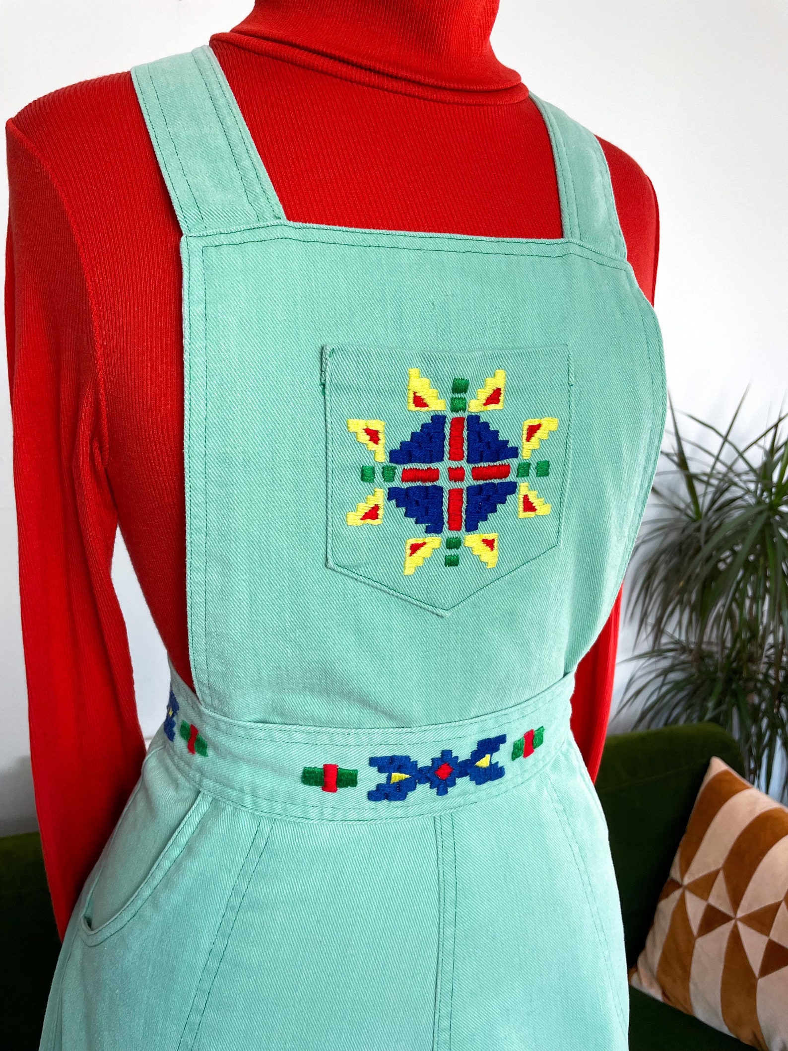 Vintage 1970s Hand Embroidered Cross Back Pinafore Overall Dress ...
