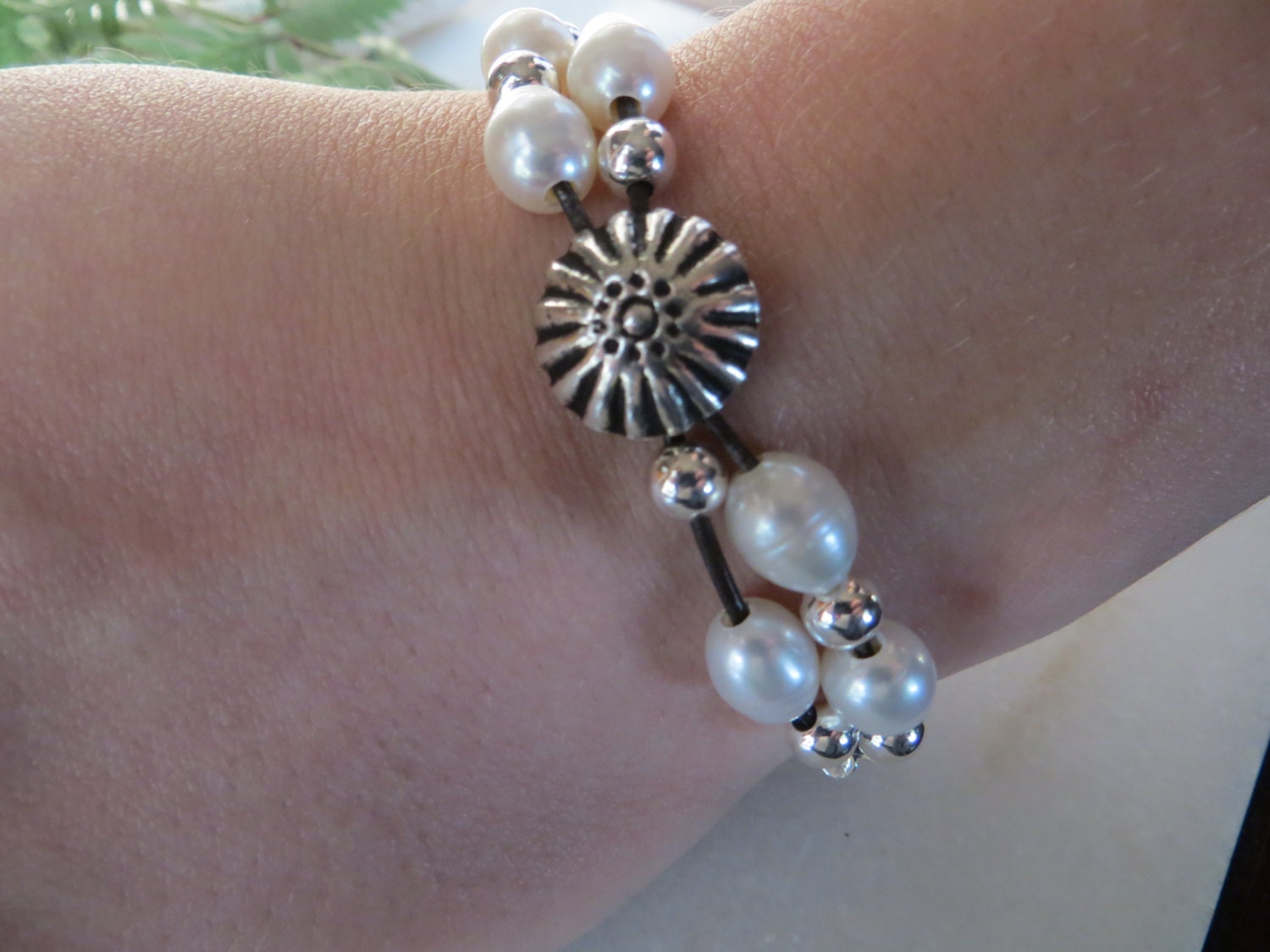 Leather Bracelet Pearl Bracelet Hill Tribes Fine Silver - Etsy