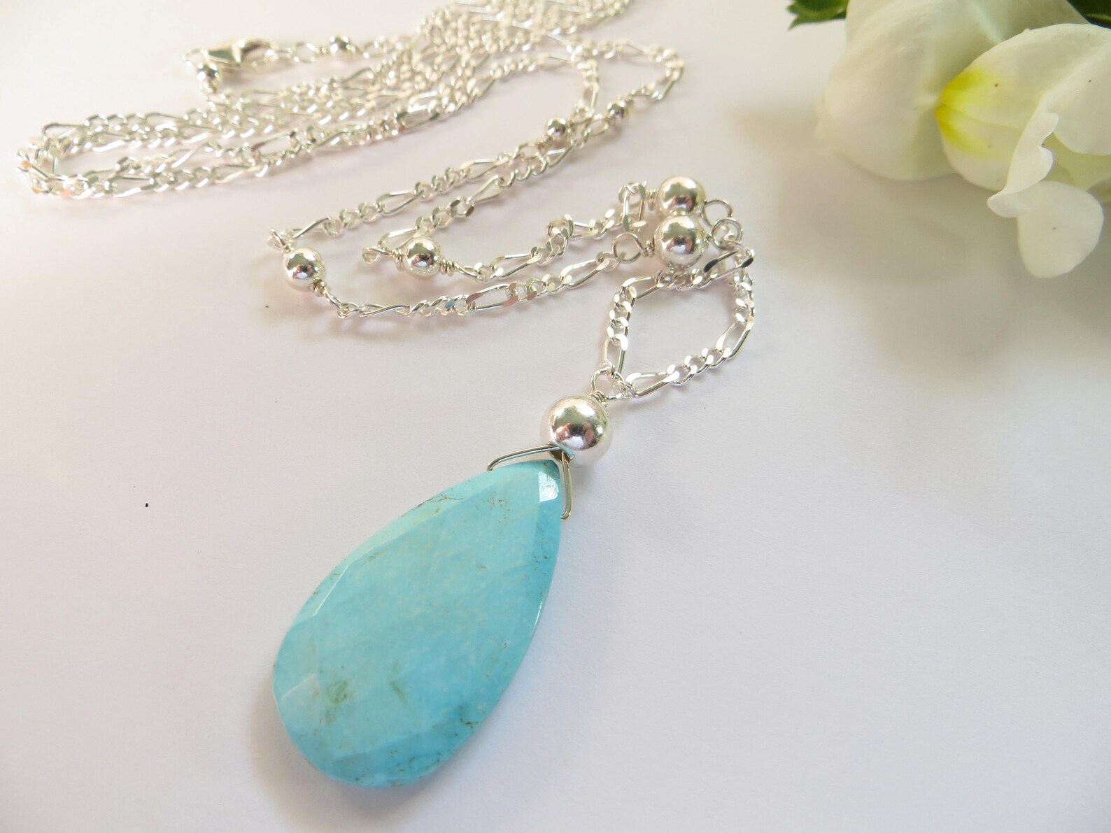 Imperial Crown Turquoise Necklace, Sterling Silver Figaro Chain ...