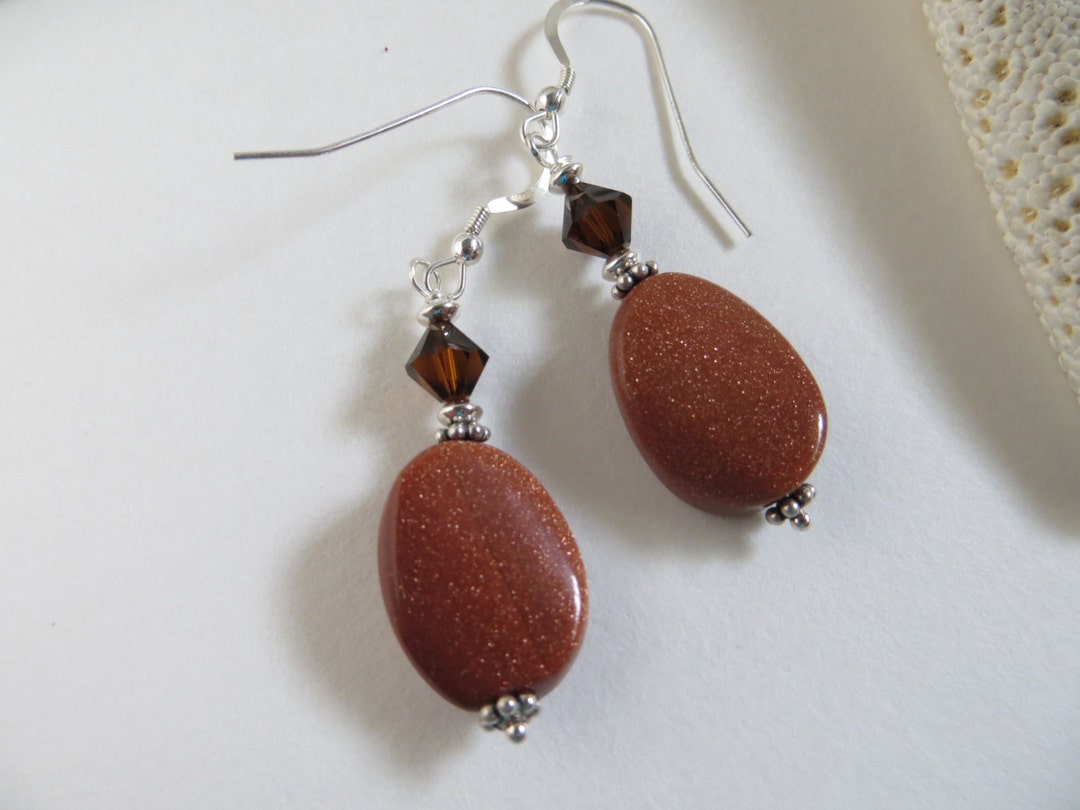 Brown Goldstone Earrings, Swarovski Crystal, Sterling Silver Dangle ...