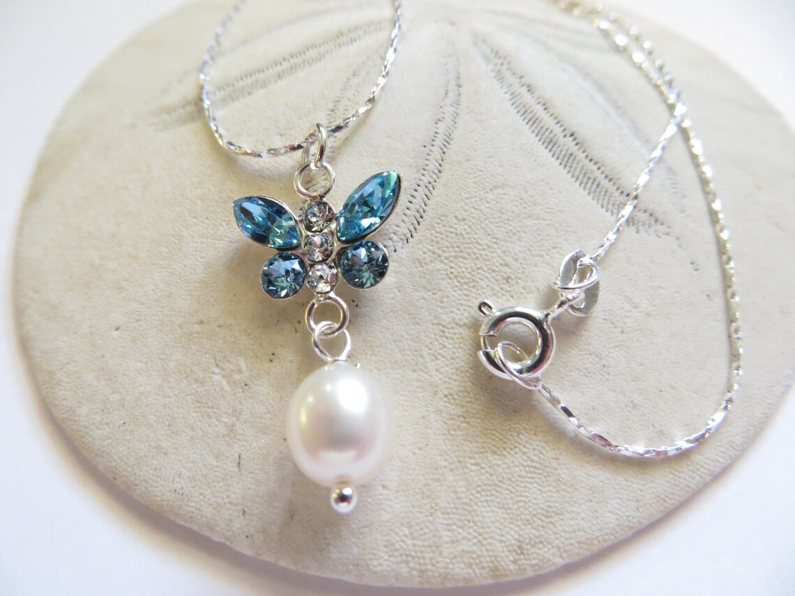 Swarovski Aqua Crystal Butterfly Necklace, Freshwater Pearl, Sterling ...