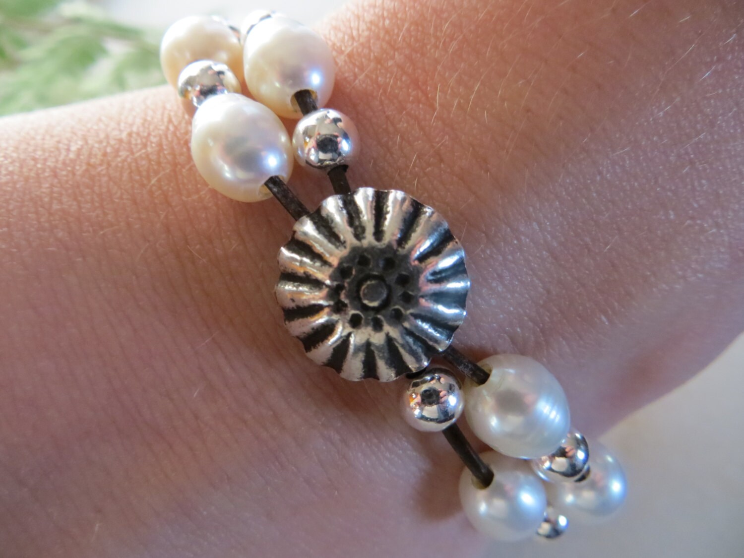 Leather Bracelet Pearl Bracelet Hill Tribes Fine Silver - Etsy