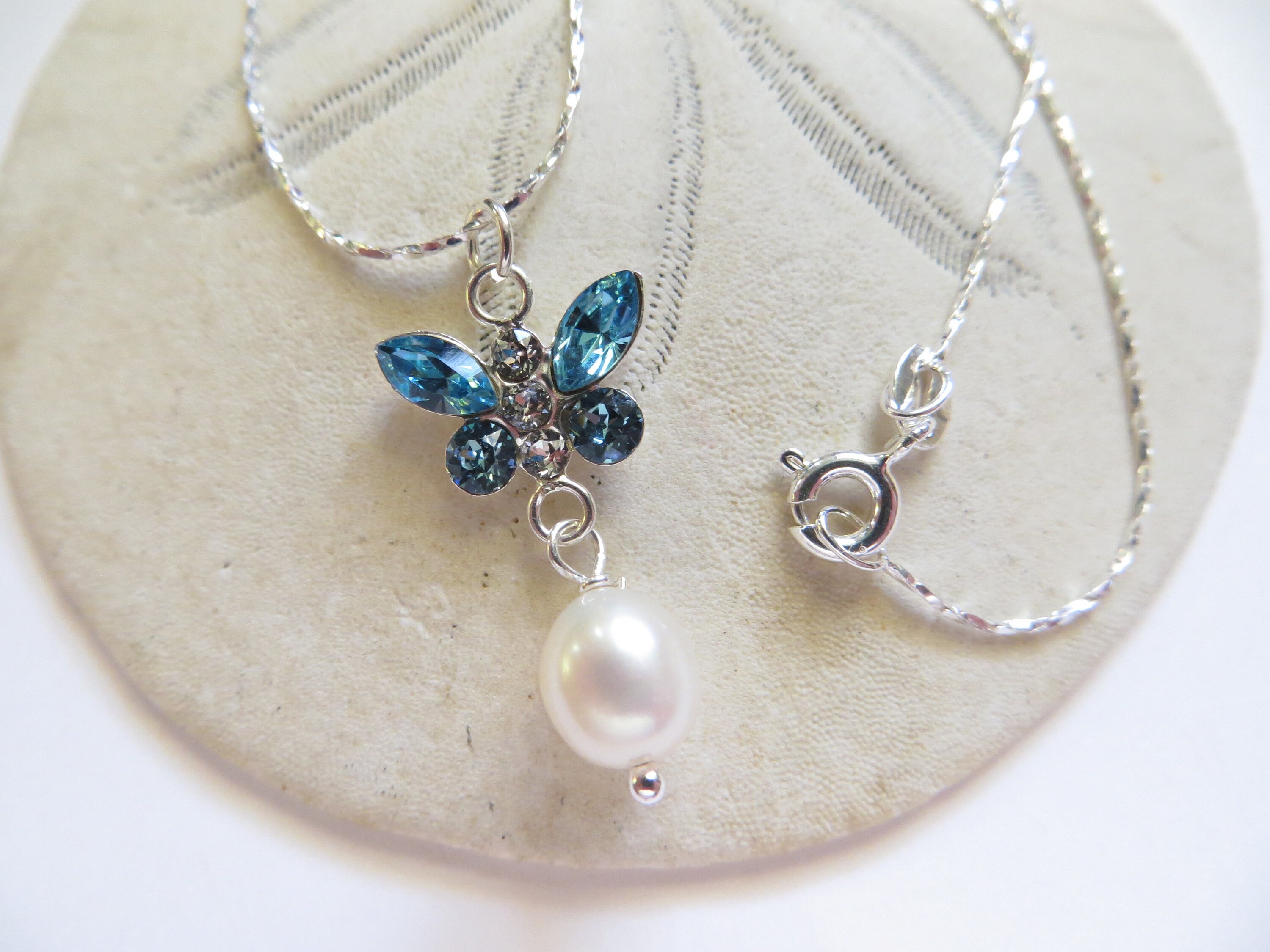 Swarovski Aqua Crystal Butterfly Necklace, Freshwater Pearl, Sterling ...