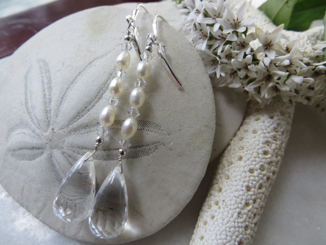 Quartz Crystal and Freshwater Pearl Earrings, April June Birthstone ...