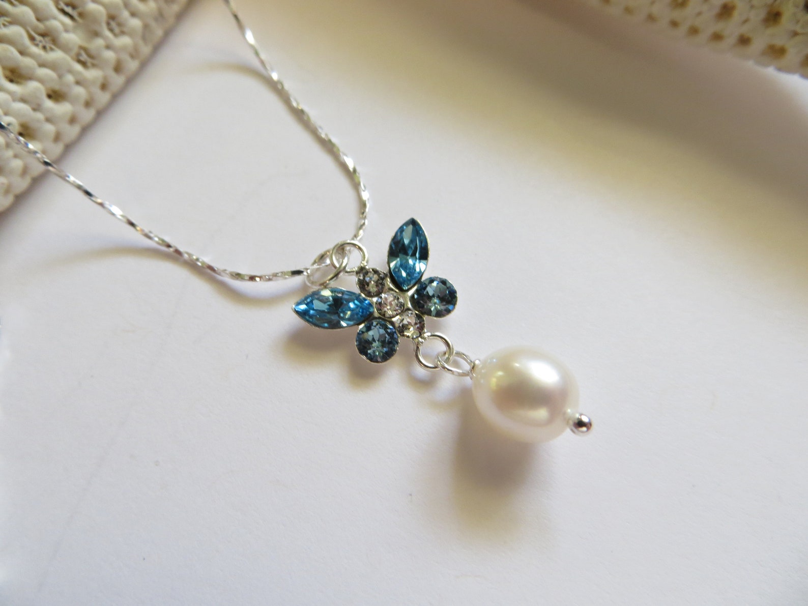 Swarovski Aqua Crystal Butterfly Necklace, Freshwater Pearl, Sterling ...