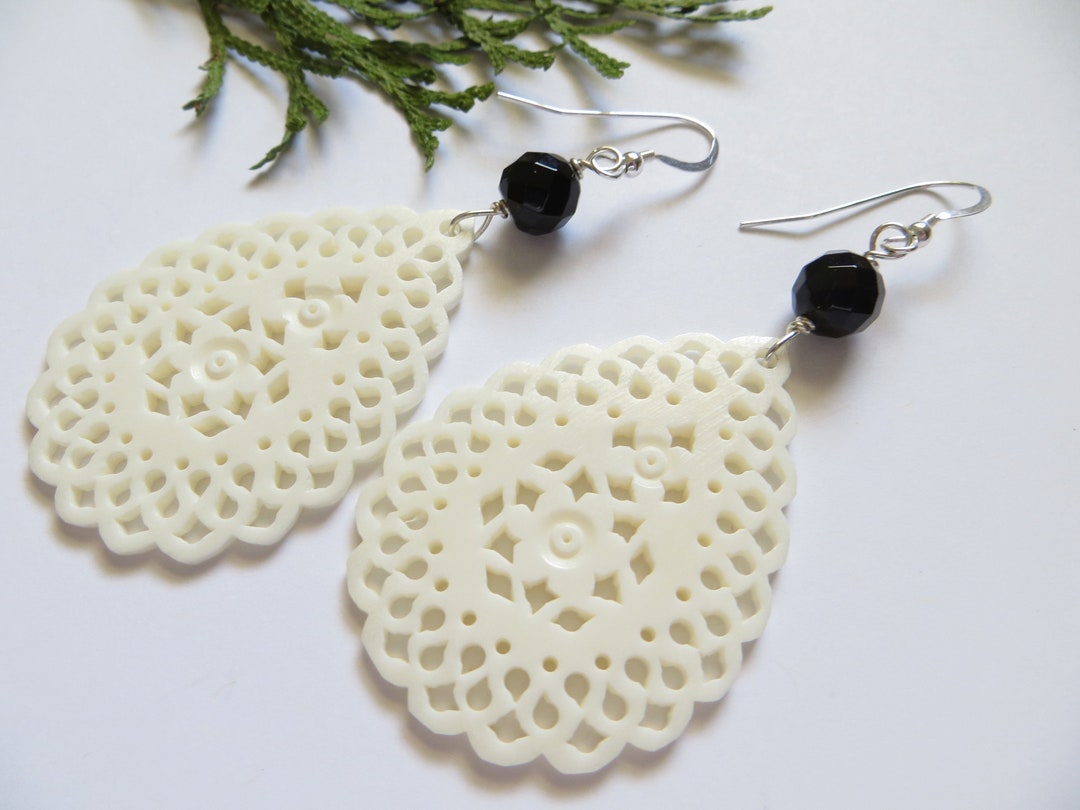 Hand Carved Bone Earrings, Bone Filigree Teardrop Earrings, Large ...
