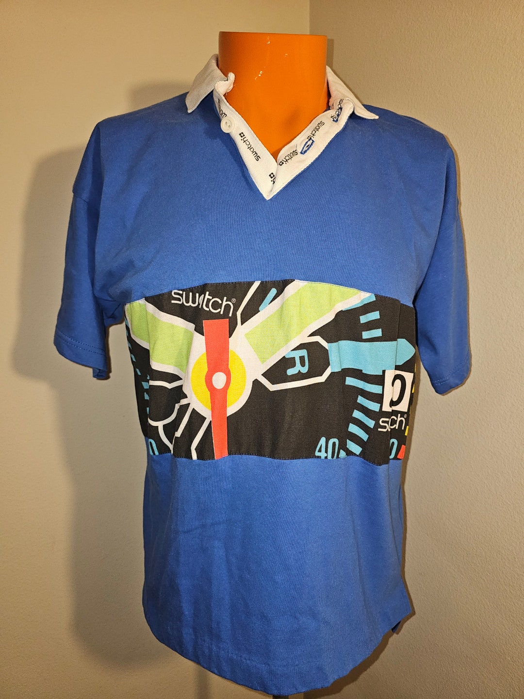 SWATCH 80s Retro Short Sleeve Rugby Polo Shirt Made in USA Cotton Poly ...