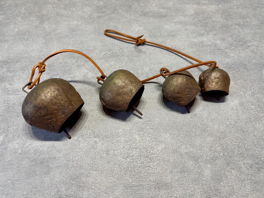 Vintage, Graduated Metal Bells on Leather Rope, Door Bells, Wind Chime ...