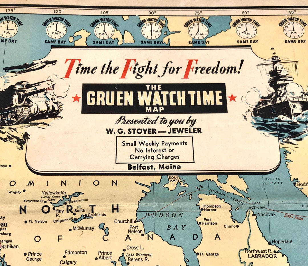 RARE Vintage, WWII Era, World Wall Map, Gruen Watch Time, Time to Fight ...