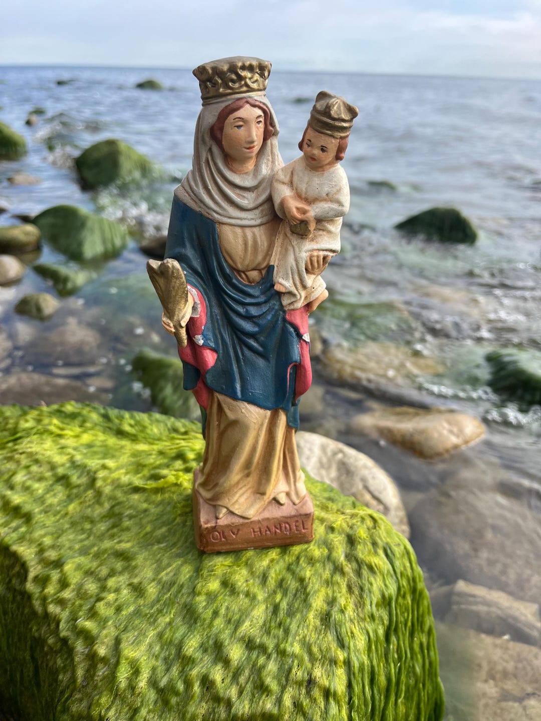 Vintage Belgian Madonna Chalkware Statue - Mary Holding Golden Heart ...