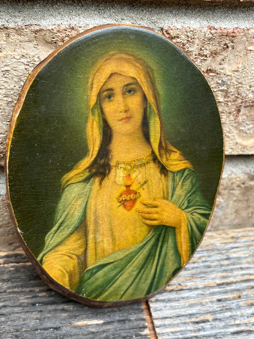 Vintage Religious Virgin Mary Minature Lithograph Print on Wood ...