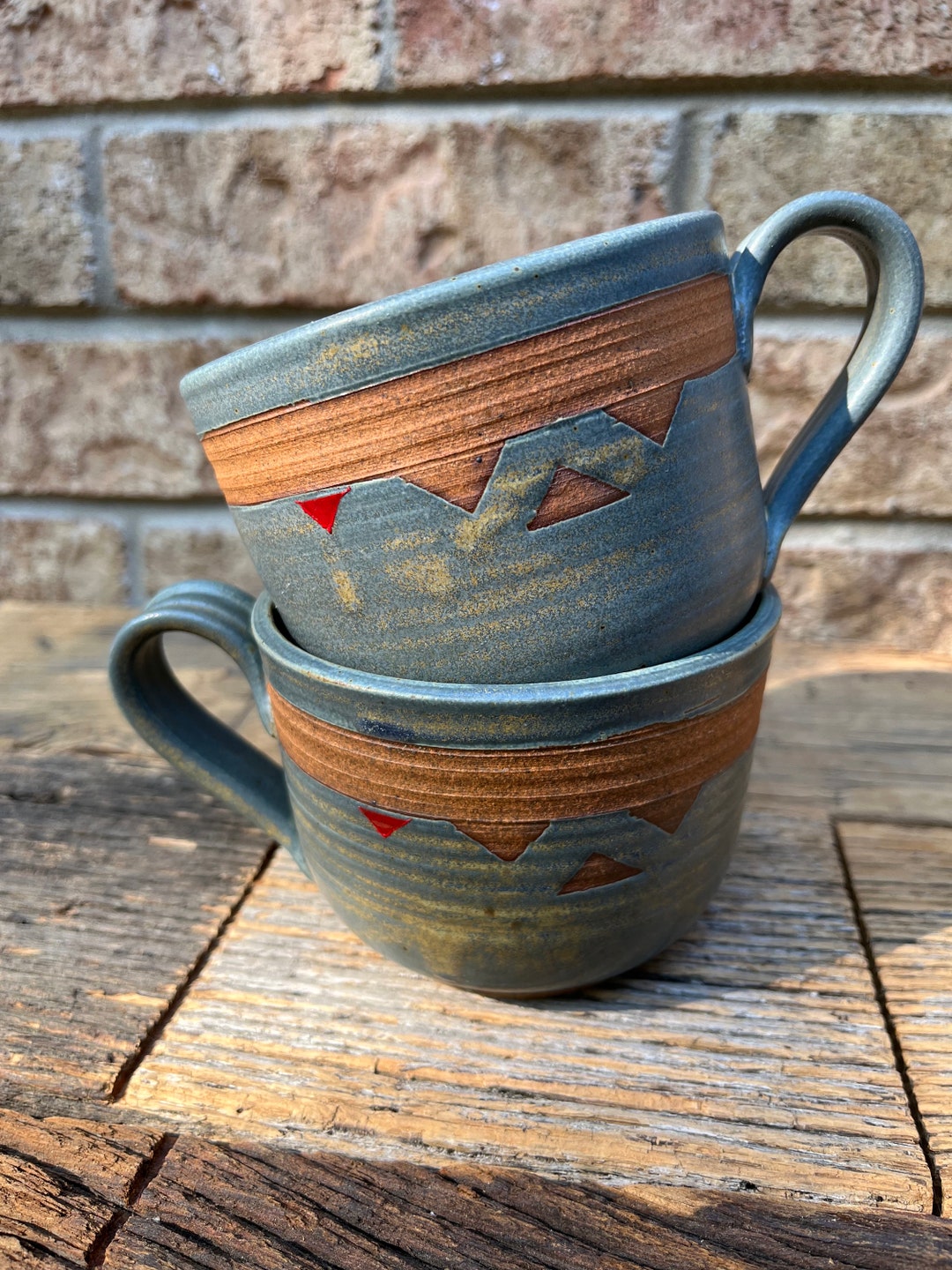 Vintage 90’ Handcrafted Large Studio Pottery Blue Turquoise Mugs by ...