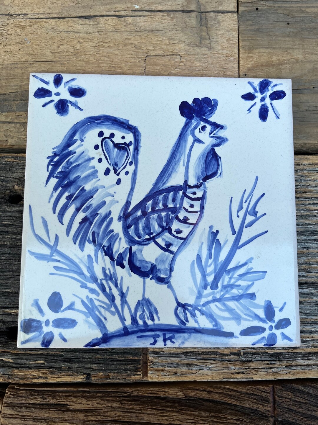 Vintage Azulejos Tile Hand Painted Blue Rooster and Flowers on White ...